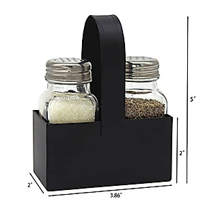 CVHOMEDECO. Salt and Pepper Shakers Set with Black Galvanized Caddy, Farmhouse Glass Salt and Pepper Shaker Dispensers, Black Metal Holder with Padded Feet, for Home Kitchen Table Decor. Rectangular