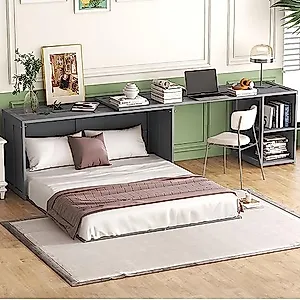 DEYOBED Wooden Queen Size Murphy Bed Frame with Rotable Desk and 2 Storage Shelves, Suitable for Small Bedrooms, Studio Apartments, and Multi-functional Rooms, Space saving, Gray