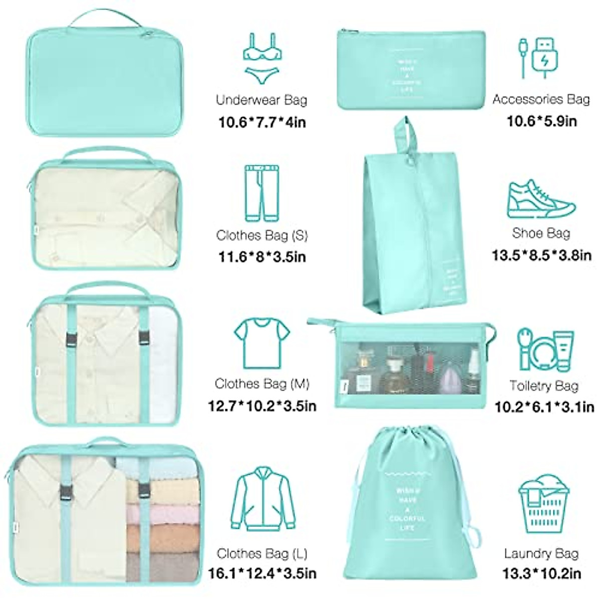 8 Set Packing Cubes for Suitcases,Packing Cubes with Shoe Bag, Cosmetics Bag, Clothing Bag, Accessories Bags Packing Cubes for Travel Luggage Organizer Women Men(Blue-Green)