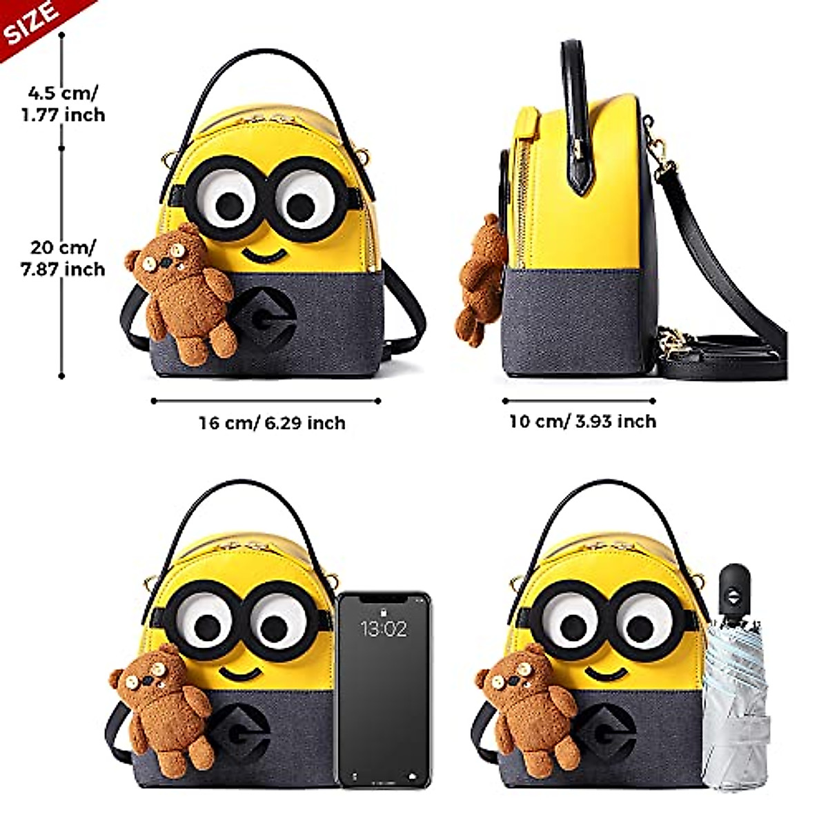 Fion x Minions Mini Backpack for Women Leather Small Backpack Purse Fashion Shoulder Bag (Minion With Bear)