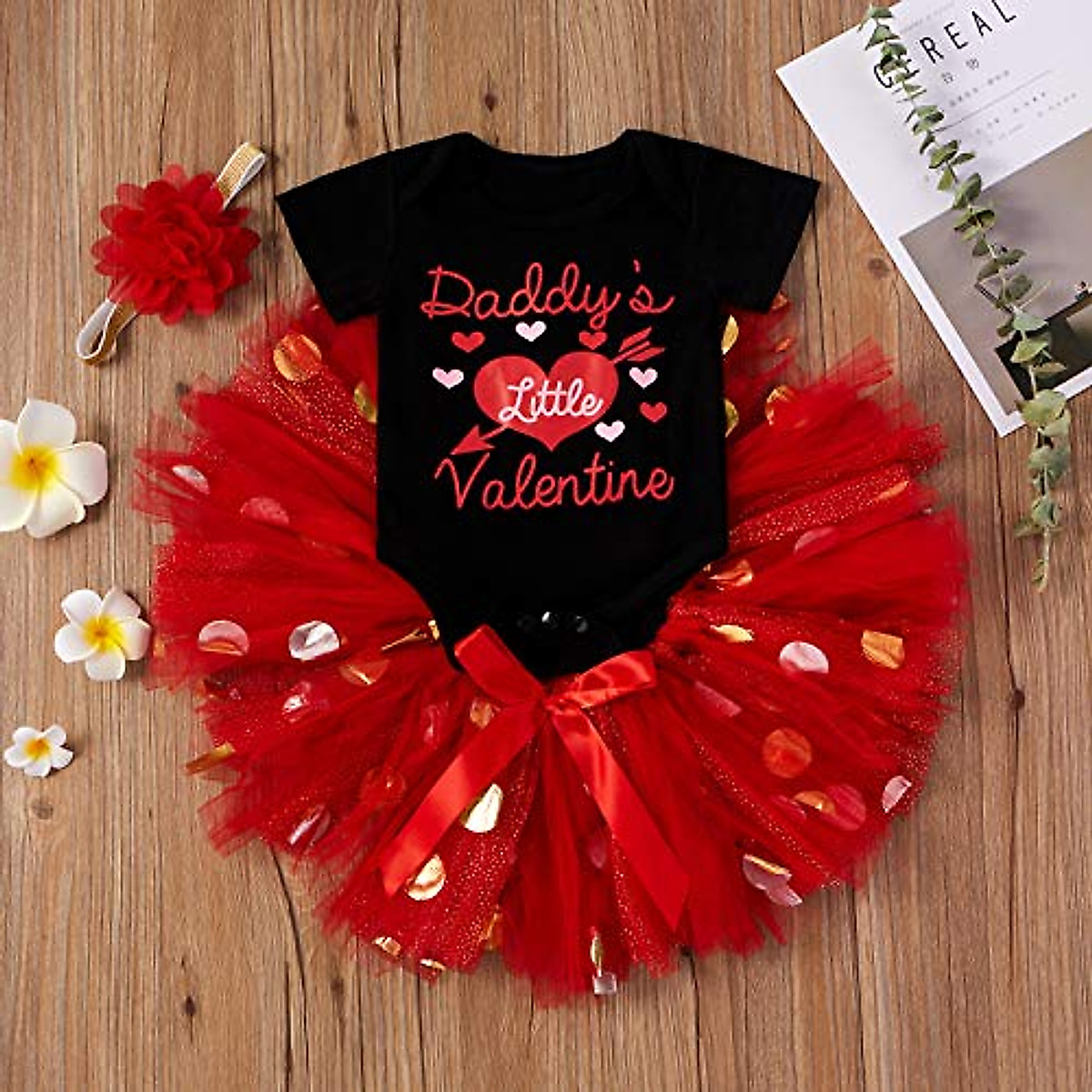 Newborn Infant Girl Skirt Outfits Red Heart Black Romper+Golden Dots Red Tulle Tutu Skirt Baby Clothes Valentine's Day (0-3 Months, Daddy's Little Valentine Outfits)