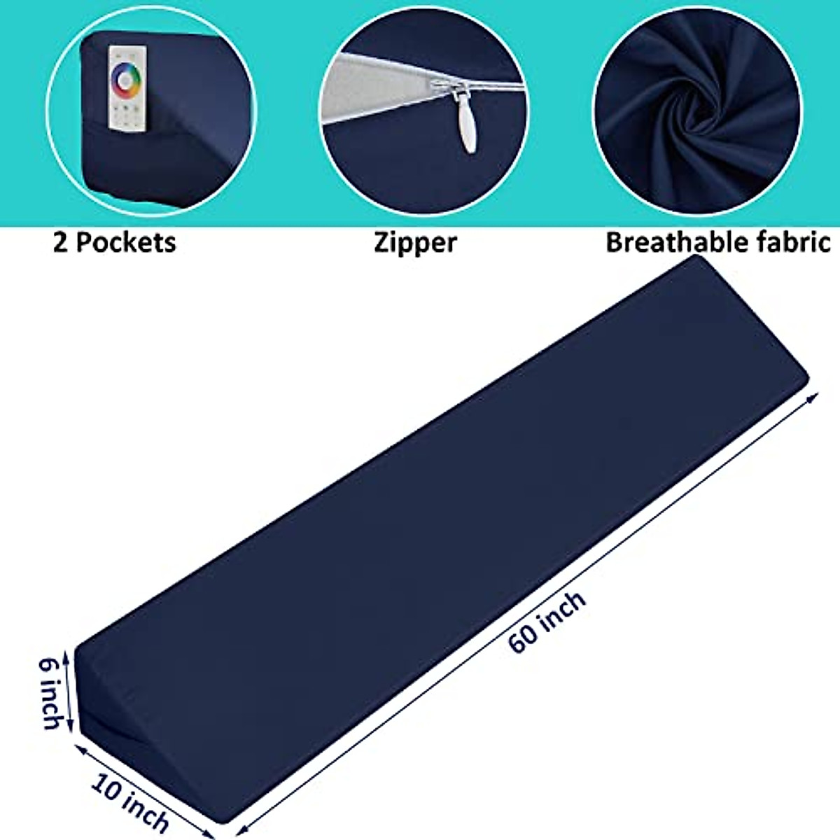 HITHSM Wedge Pillow Headboard Bed Gap Filler Crack Pillow Mattress Gap Filler Wedge (Navy, Queen Pillow)