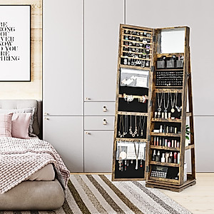 COSTWAY 360 Rotating Jewelry Armoire Cabinet, Standing Jewelry Organizer w/Full-Length Mirror & Large Storage Space, Lockable Mirror Jewelry Cabinet for Girls Women (Rustic Brown)