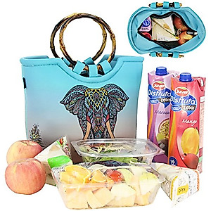 Lunch Bag Tote Bag by QOGiR - Large Reusable Insulated Neoprene lunch Bag with Inside Pocket (Elephant)