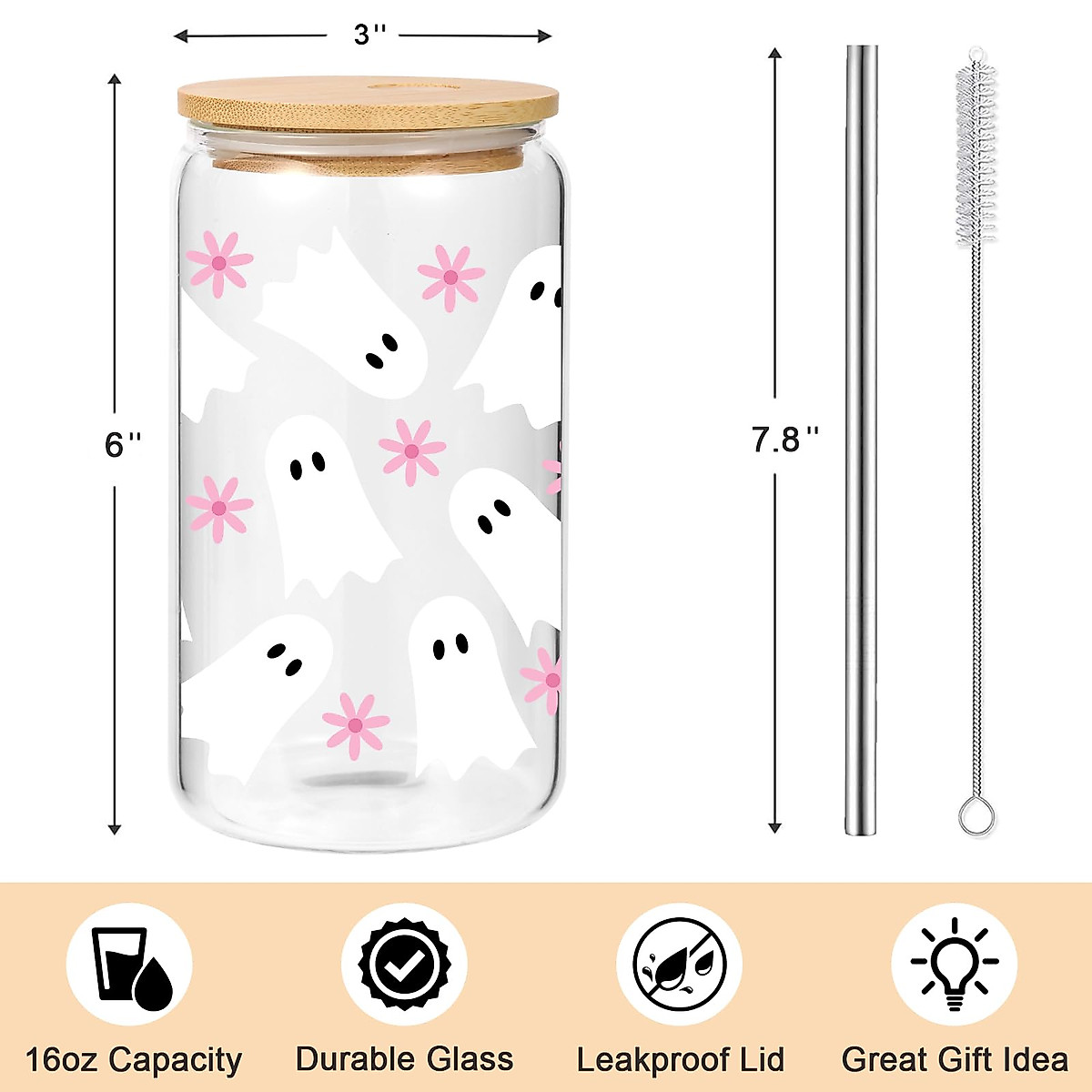 Lovearth Boho Ghost Iced Coffee Cup, 16oz Halloween Glass Cup with Lid and Straw, Ghost Daisy Coffee Tumbler, Fall Cup, Spooky Gifts, Halloween Lover Gifts, Boo Basket Stuffers for Women, Teens