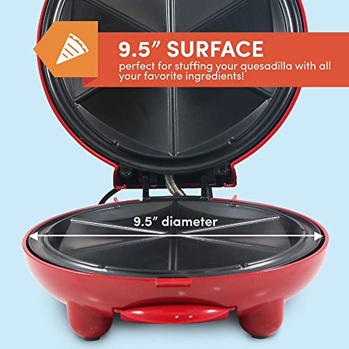 Elite Gourmet EQD413# Non-Stick Electric, Mexican Taco Tuesday Quesadilla Maker, Easy-Slice 6-Wedge, Grilled Cheese, 8 Inch, Red