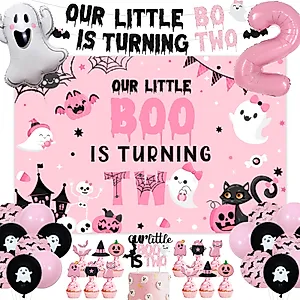 Fangleland Halloween Girls 2nd Birthday Decorations - Our Little Boo Is Turning Two Second Birthday Party Supplies for 2 Year Old Girl - Ghost Bat Backdrop Balloons Cake Topper Pink and Black