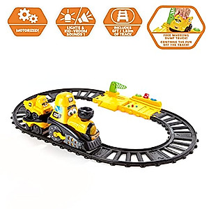 CAT Construction Toys, CAT Construction Power Track Friends Preschool Train Set | 8 Pieces of Easy-to-Assemble Tracks | Light & Sounds | Motorized Train & Car Carrier | Develops Fine Motor Skills