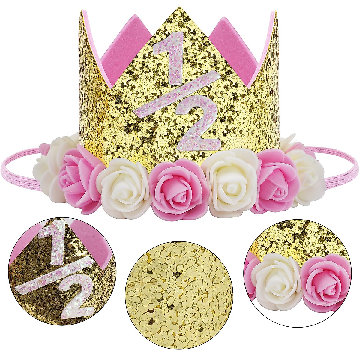 Baby Birthday Crown, Princess Crowns Tiara Girls Party Hat With Gold Glitter and Pink Roses for Birthday Party Decorations (1/2st Golden Crown)