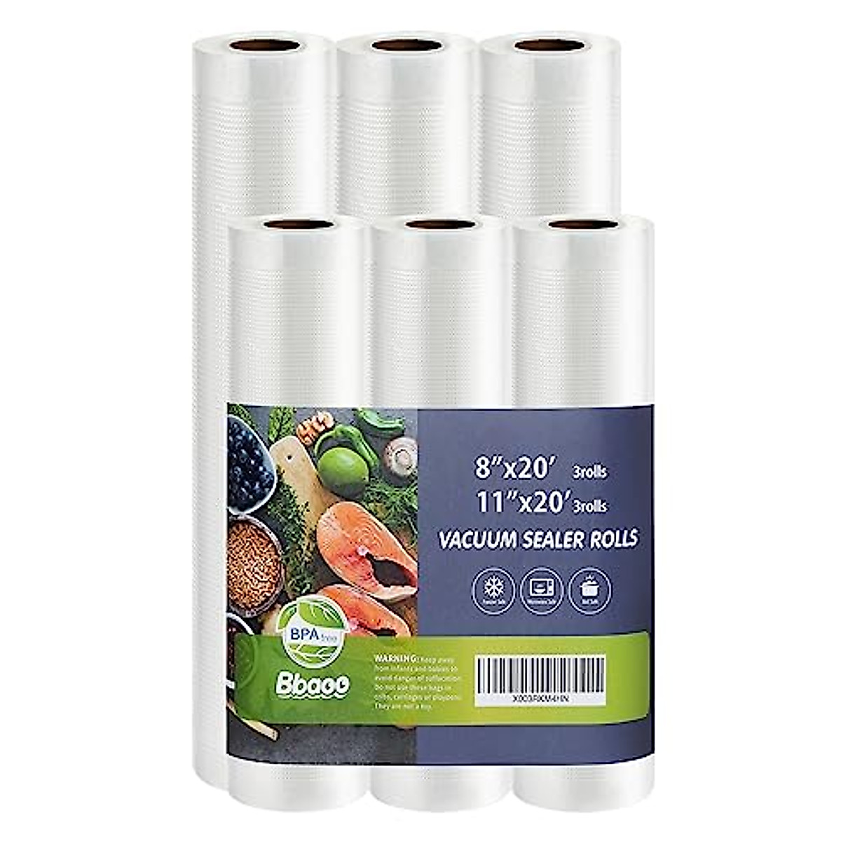 Bbaoo Vacuum Sealer Bags 6 Pack 3 Rolls 11" x 20' and 3 Rolls 8" x 20' for Food Saver, Commercial Grade Bag Rolls, Food Vac Bags for Storage, Seal a Meal, BPA Free, Meal Prep or Sous Vide