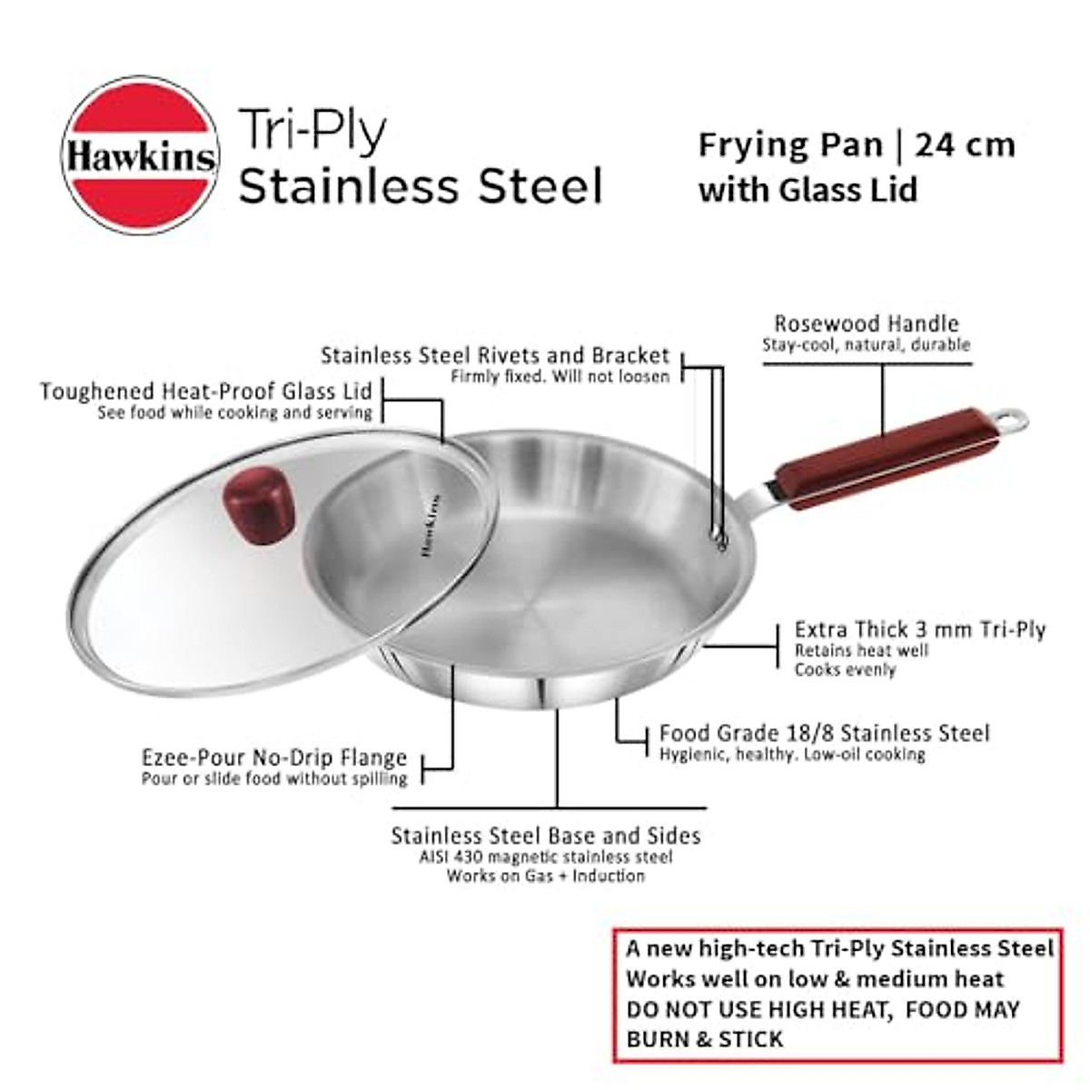 HAWKINS Triply 3 mm Stainless Steel Frying Pan 26 cm with Lid, 1 LTR, Silver (SSF26G)