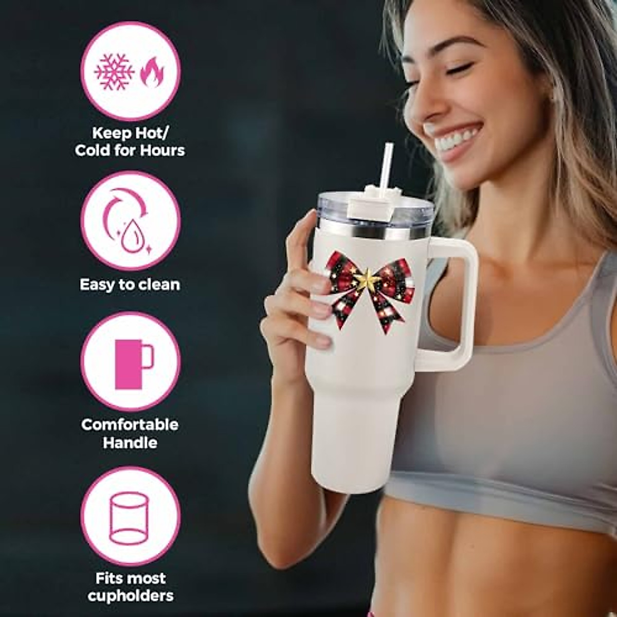 LB LEOBON 40 ounce insulated cup with handle, double-layer vacuum stainless steel material, equipped with straw, can keep warm or maintain cold drinks Red and Black Plaid Bow white