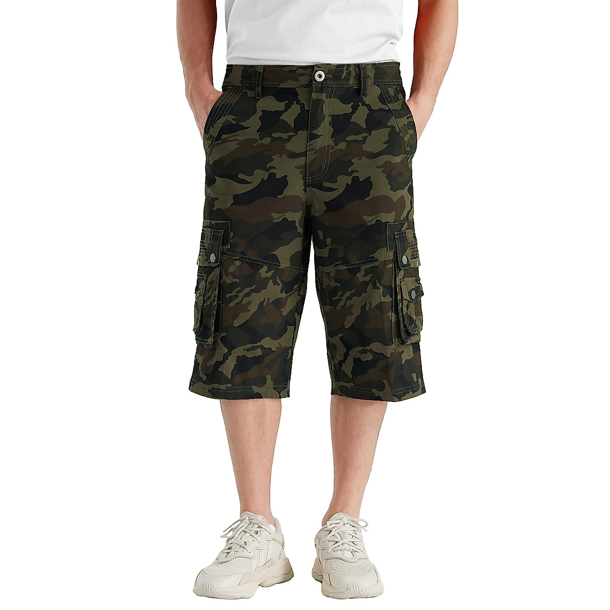 BEST SOUTH Men's Capri Long Twill Cargo Shorts below Knee 13 Inches Cotton Relaxed Fit Casual Multi-Pocket Army Green Camo 36