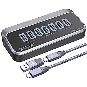 ORICO USB Hub 10Gbps with 7 USB A Ports, USB 3.2 Gen 2 Hub with 1.64Ft USB-C Cable and USB-A Adapter USB Splitter for iMac, All MacBooks, Mac Mini-Plastic Version