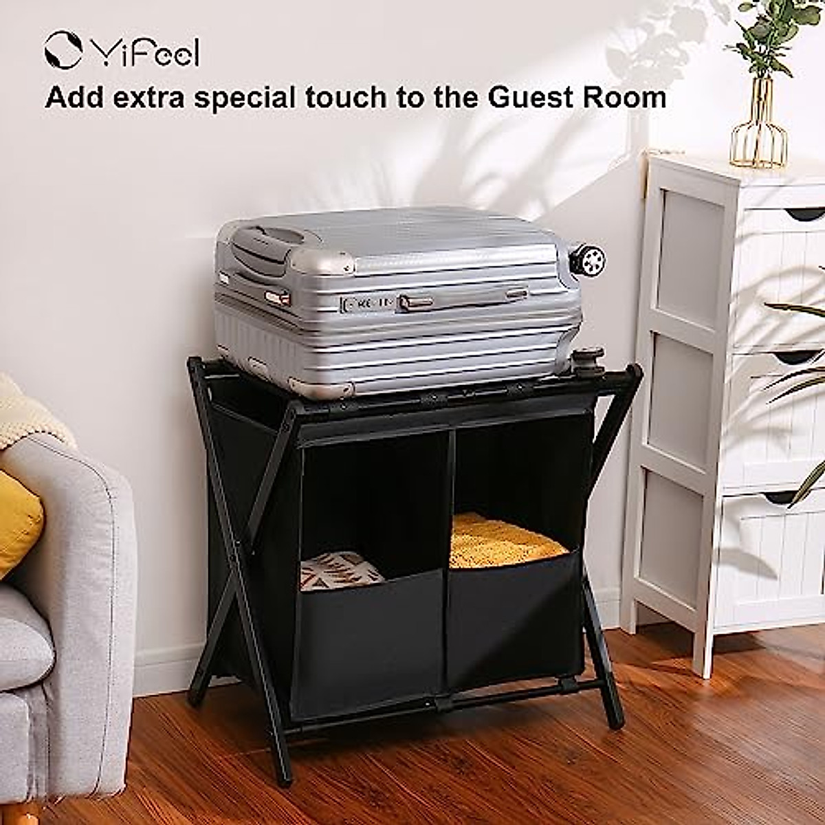 Yifeel Luggage Rack with Storage Bags, Pack of 2, Foldable Steel Frame Suitcase Stand for Guest Room, Bedroom Black, Hotel JLR002B2