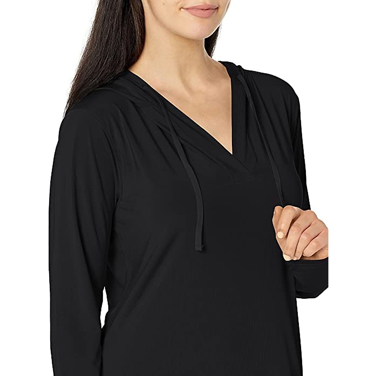 Willit Women's Long Sleeve Cotton Swim Cover Up UPF 50+ SPF Dress Hooded with Pockets Sun Protection Beach Coverup Black L