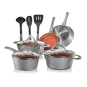 NutriChef Nonstick Cookware Excilon |Home Kitchen Ware Pots & Pan Set with Saucepan, Frying Pans, Cooking Pots, Lids, Utensil PTFE/PFOA/PFOS Free, 11 Pcs, Gray