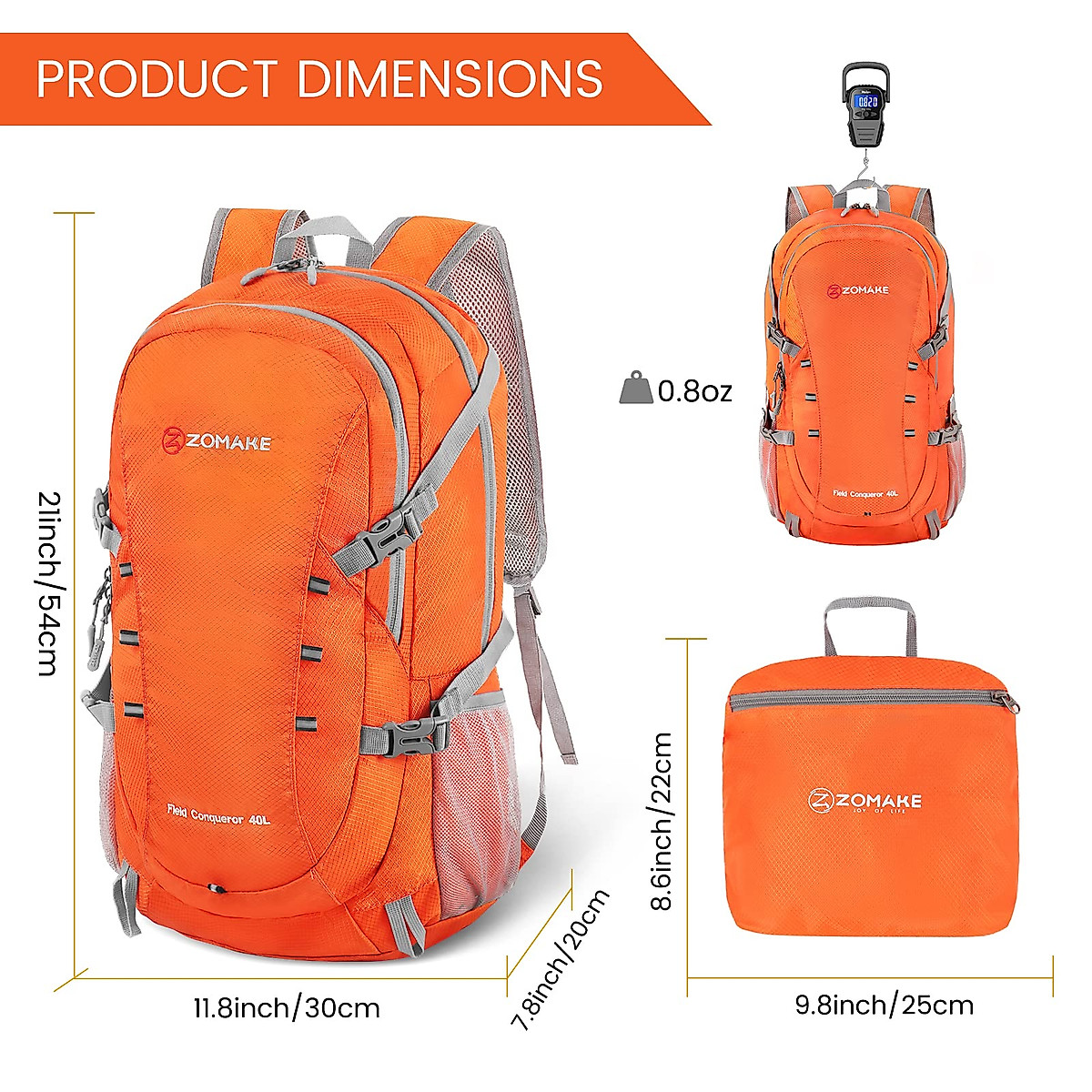 ZOMAKE Packable Hiking Backpack Water Resistant,40L Lightweight Daypack Foldable Backpack for Travel (Orange)