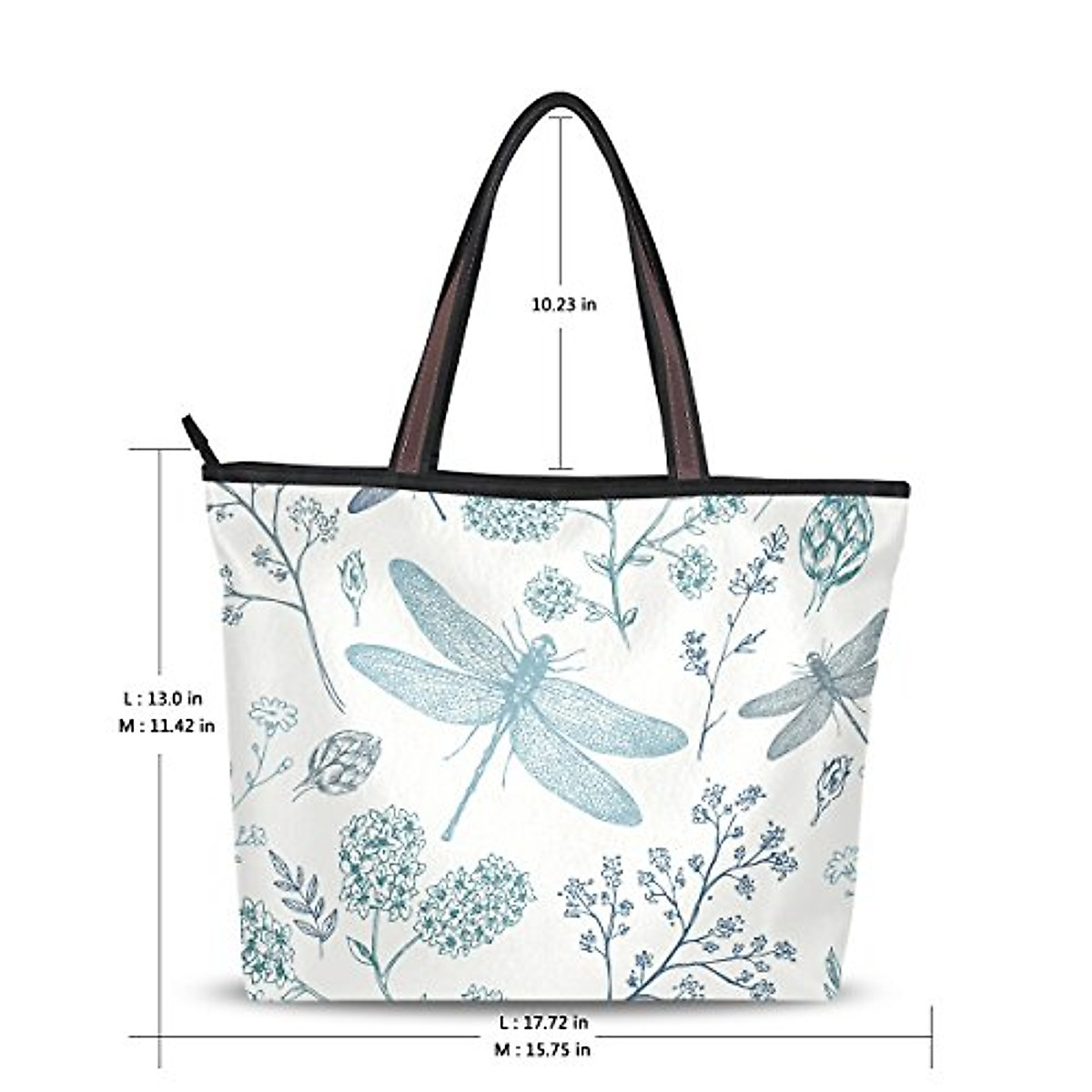Shoulder Bag Large Beach Travel Tote Bag Blue Dragonfly Printed Handbags with Handle Top Zipper Closure