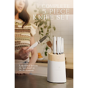 Lordelle Knife Block Set - 5 Piece Set - White Chantilly Snow - Lifestyle Home Kitchen Design - German X50 Stainless Steel - ABS Handle - Ash Wood Block - Cooking Chef Knife, Santoku, Paring, Utility