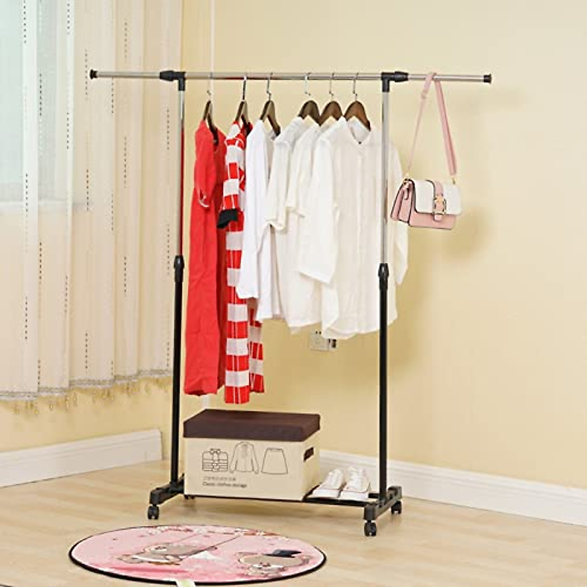 VEAREAR Standard Rod Simple Rolling Metal Clothing Rack, Garment Rack Organizer, Freestanding Hanger with Wheels, Metal Garment Rack for Hanging Clothes, Rolling Clothes Organizer, Black