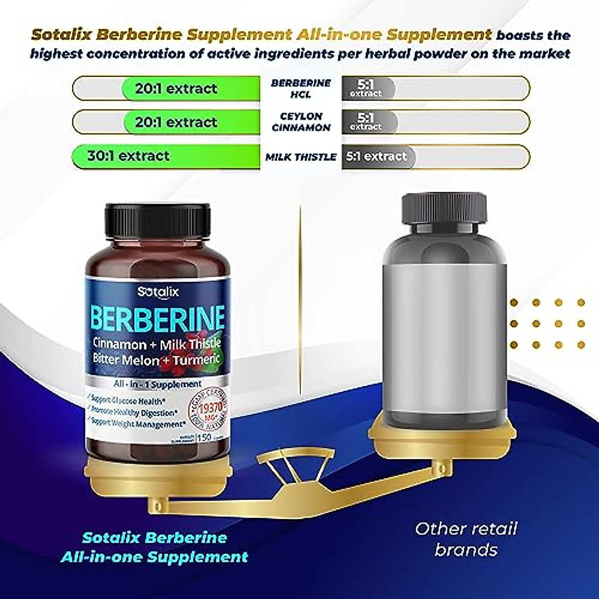 SOTALIX SUPPLEMENT Premium Berberine 19,370mg Plus Ceylon Cinnamon, Bitter Melon, Milk Thistle - Supports Immune System, Heart & Gastrointestinal Wellness - 150-day Supply (150 Count (Pack of 1))