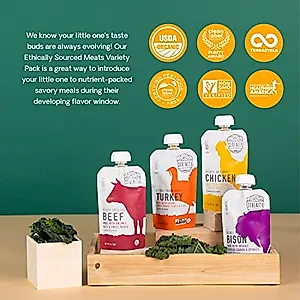 Serenity Kids 6+ Months Baby Food Pouches Puree Made With Ethically Sourced Meats & Organic Veggies | 3.5 Ounce BPA-Free Pouch | Variety Pack | 8 Count