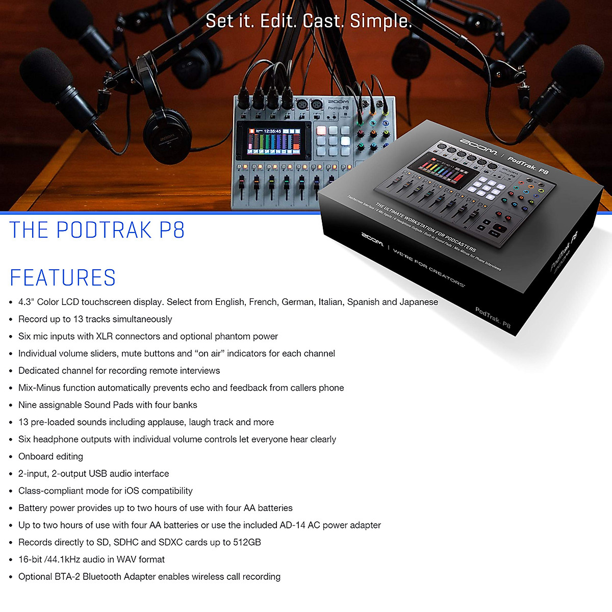 Zoom PodTrak P8 Multitrack Podcast Recorder + 4X Zoom ZDM-1 Podcast Mic + 4X Headphones + 4X Windscreens + 4X Tabletop Stands + 64GB Memory Card + 4X Boom Arms + Cables - Ultimate Podcasting Bundle