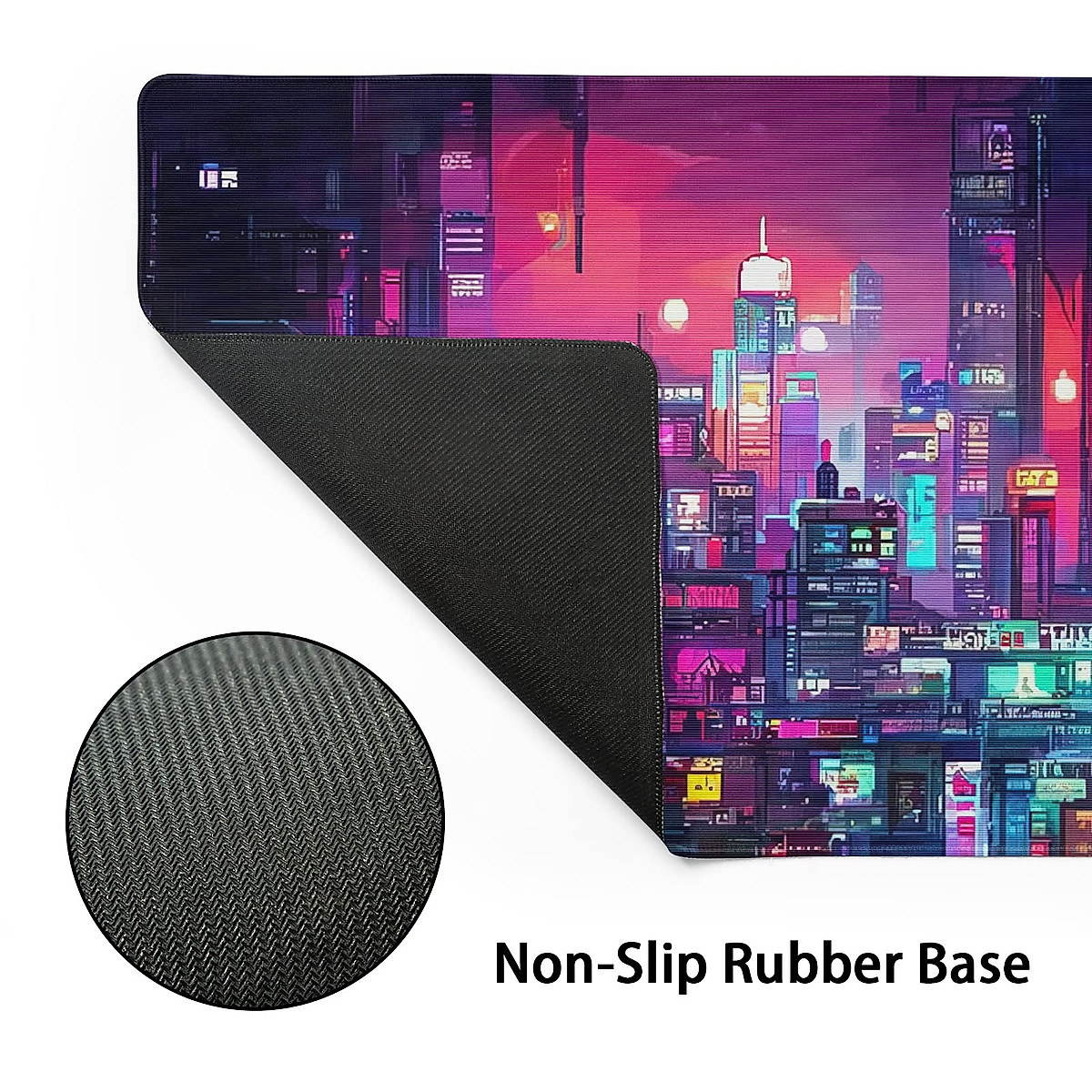 Retro Japanese Anime Gaming Mouse Pad XXL Cool Dark Purple Red Vaporwave City Extended Large Desk Mat Big Mousepad Non-Slip Rubber Base Stitched Edge Long Mousepad for Desk Computer, 35.4 x 15.7 in
