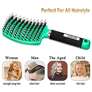 KTKUDY Detangling Brush Boar Bristles Hair Brush Make Hair Shiny & Healthier Curved and Vented Detangler Brush for Women Men Kids Wet & Dry Hair (Light green)