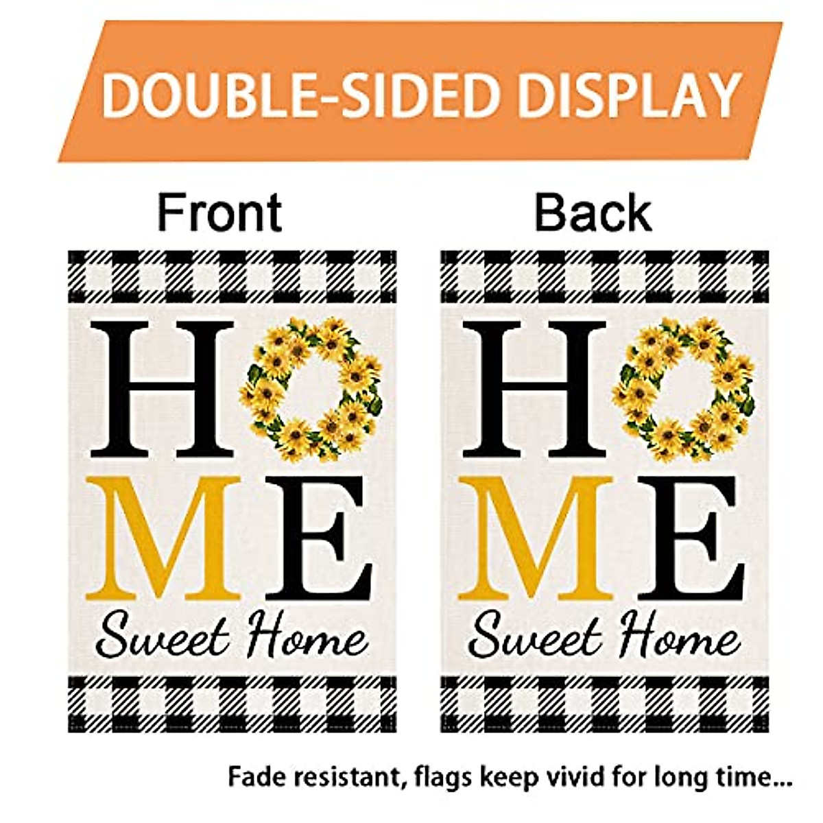 QWETRY Sunflower Home Sweet Home Garden Flag for Outside Summer Flags for Farmhouse Lawn Outdoor Décor, Burlap Vertical Buffalo Check Plaid Flower Small Rustic Yard Flags 12.5 x 18 Inch Double Sided
