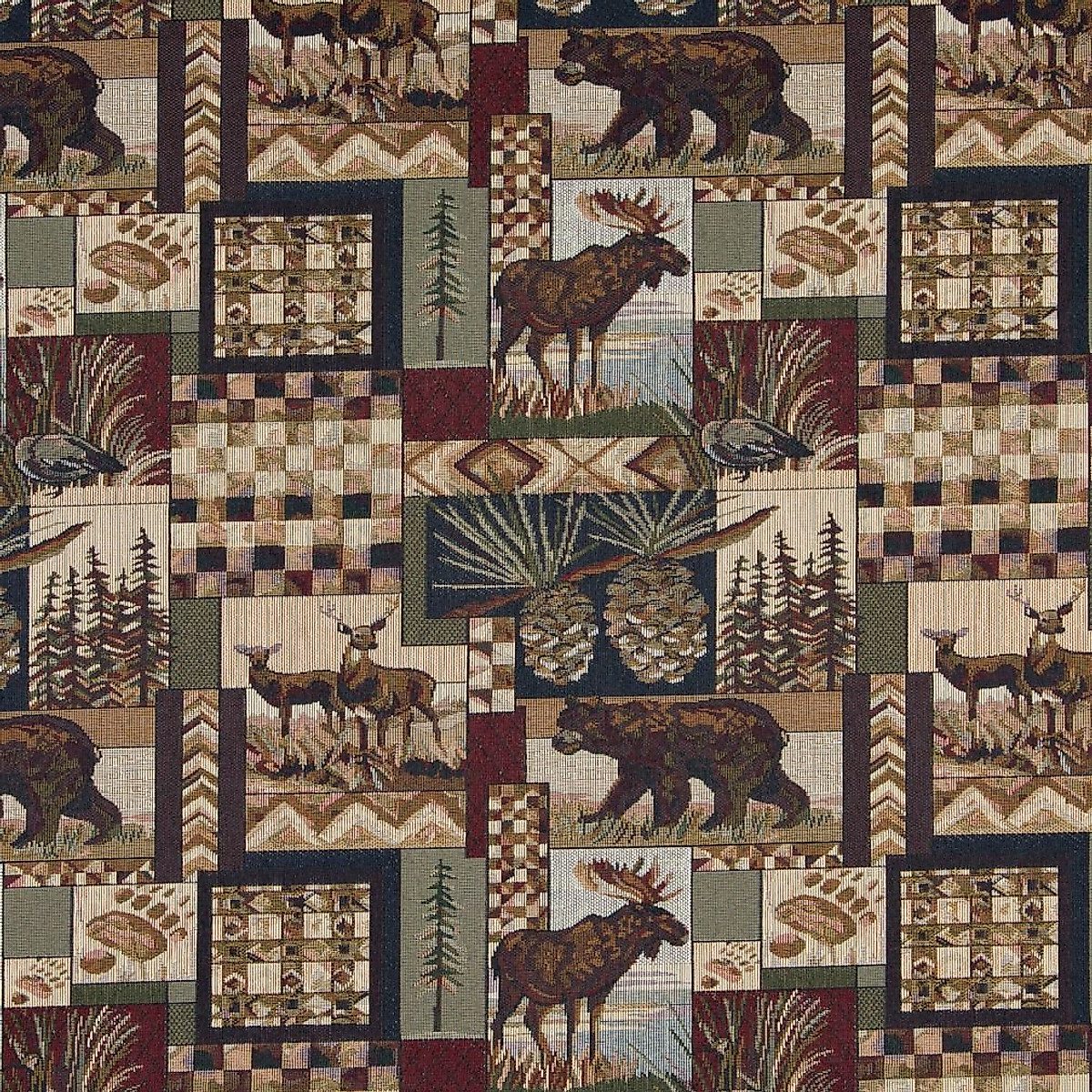 A014 Bears Deer Moose Acorns and Pine Trees Themed Tapestry Upholstery Fabric by The Yard