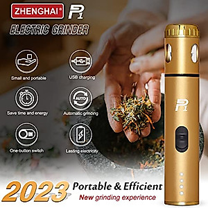ZHENGHAI P1 Electric Herb and Spice Grinder, USB Rechargeable Fast Grinding With Portable Storage Bag, Cleaning Brush (Gold)