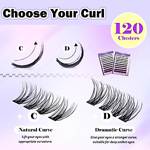 GAQQI Lash Clusters, GQ45 Individual Lashes D Curl, DIY Lash Extension 14mm Only False Eyelash Clusters 120PCS, Natural & Wispy Lash Wisps (GQ45,D Curl,14mm)