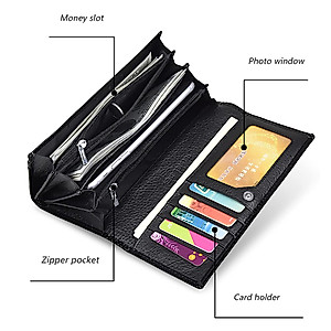 Dicihaya Large Capacity Clutch Purse Genuine Leather Women Wallet Long Double Zipper Wallets Multi Card Holder (Black)