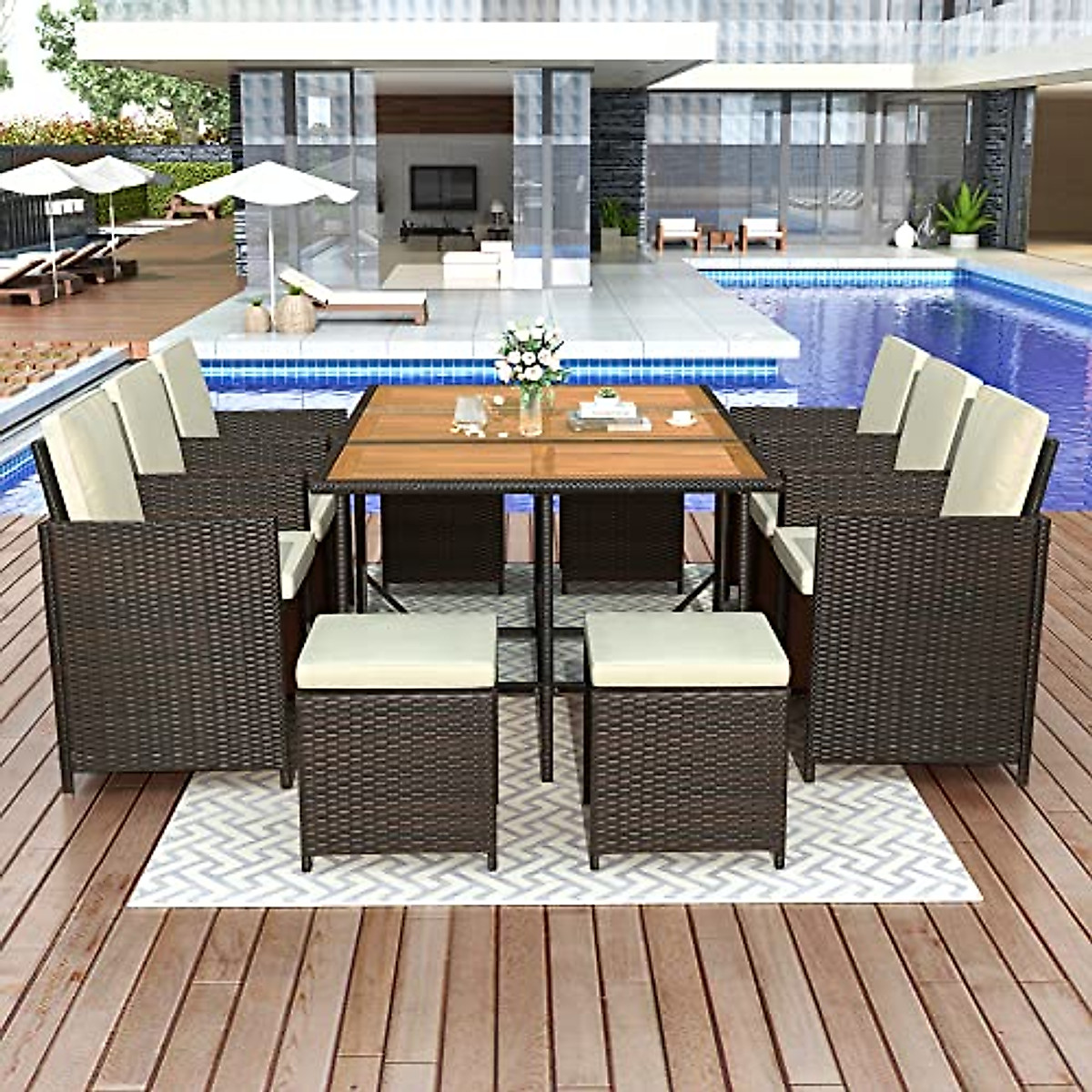 EMKK 11-Piece Patio All-Weather PE Wicker Dining Table Wood Tabletop for 10, Rattan Sectional Sofa Conversation Furniture Set w/Ottoman,Cushion, OneSize, Brown