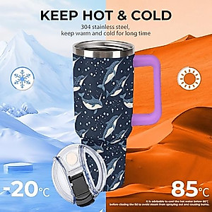 Whales Orcas Narwhals On Navy 40 Oz Tumbler Insulated Stainless Steel Water Bottle Travel Mug Car Cup with Handle And Straw
