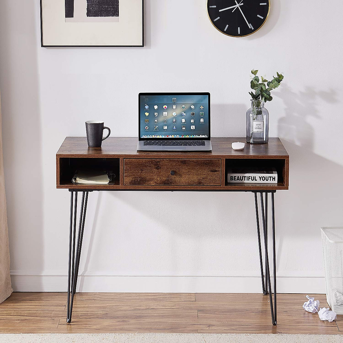 VECELO 39.3" Home Office Work Table with Drawers Computer Desk Writing/Study, 39 Inch Hairpin Legs, Retro Brown