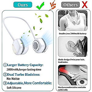 Apatner Portable Neck Fan, Wearable Personal Fans, Bladeless Neck Cooler Hands Free Mini USB Fan 3 Speeds Rechargeable Cooling Fan with LED Lights for Travel Desk Women(White)