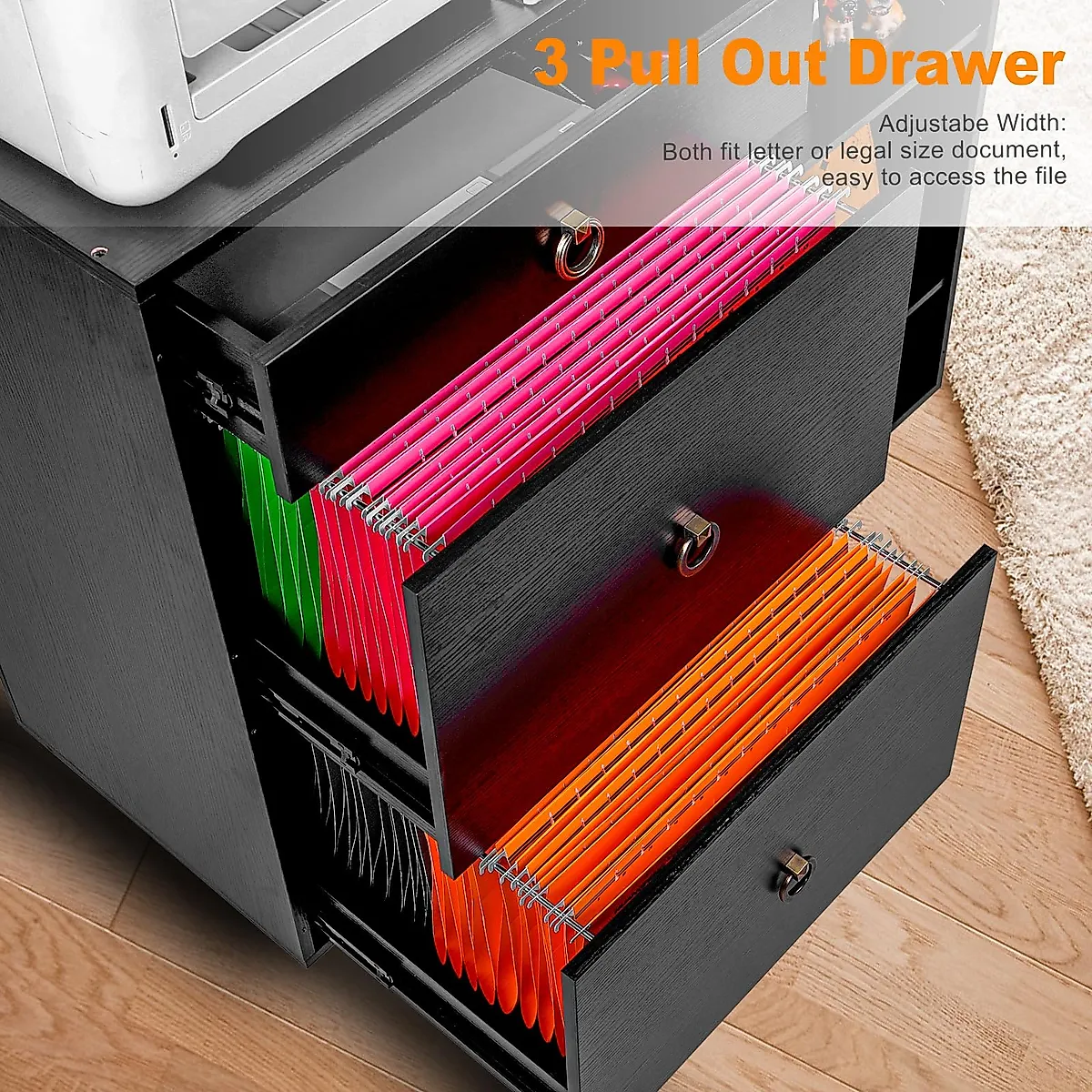 EasyPAG Mobile Filing Cabinet 3 Drawer Wood Lateral File Cabinet and 2 Open Shelf for Documents, Paper,Hanging File Folders, Black