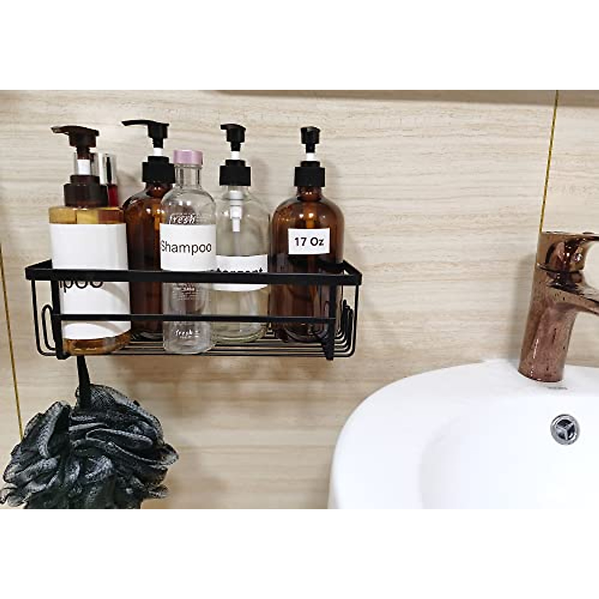 R FLORY Shower Caddy Shower Organizer Shelf with Hooks No Drilling Self Adhesive Hanging Rustproof Storage Holder Stall Basket for Bathroom Kitchen Shelf Rack Stainless Steel Black-2 Pack