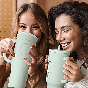 Personalized Monogrammed Tumbler with Handle 40oz, Letter C Tumblers Insulated Coffee Travel Cup, Custom Initial Gift for Women Girls Friends, Monogram Gift for Christmas Birthday Mothers Day