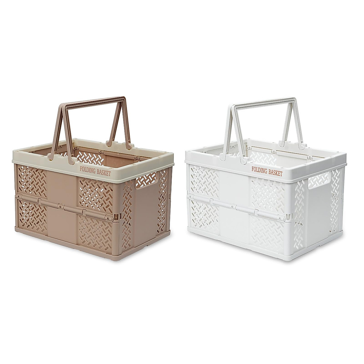 TRZZ 2-Pack Plastic Storage Baskets with Handles, Collapsible Hanging Basket for Organizing, Pastel Storage Crates for Car, Kitchen, Office, Bathroom, and Picnic Organizing, White+Mocha. (12.2" 9"