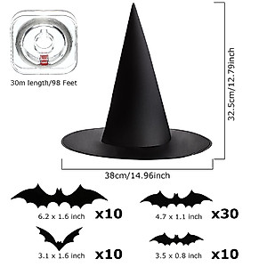 Sumind 20 Pieces Halloween Decorations Witch Hats Black Hanging Floating Witch Hat Bulk for Women 60 Pieces 3D Bat Stickers Wall Decal with 98 Feet Hanging Rope for Halloween Party Favor Decoration