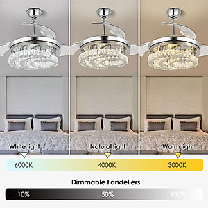 FRIXCHUR 42" Dimmable Fandelier Led Crystal Chandelier Ceiling Fans with Lights and Remote Moon Shape Retractable Chandelier Ceiling Fan for Bedroom Living Room Dining Room 30W*2