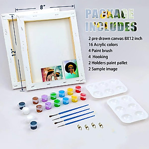 2 Pack 8x12 Canvas Painting |Pre Drawn Canvas| Pre Drawn Stretched Cotton Canvas | Afro Queen 2 |Acrylic Oil Painting Set On Canvas for Childrens & Beginners| Birthday Gift