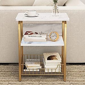 Garden 4 you End Table 2PC Side Table 3 Tiers White Marble Nightstand Industrial Retro Storage Shelf for Living Room Bedroom Kitchen Family and Office,Stable Wood and Metal Frame