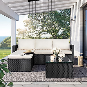 SUNLEI Patio Furniture Set with Detachable Soft Cushions, All Weather Outdoor PE Rattan Patio Conversation Sofa Set, 3-Piece Patio Sectional Sofa with Glass Coffee Table & Ottoman, Black Rattan/White