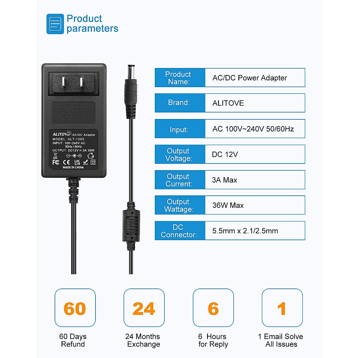 ALITOVE 12V 3A Power Supply Adapter 100~240V AC to DC 12 Volt 3 Amp 36W Converter 12 vdc 3000mA 2.2A 2.4A 2.5A 2.8A Available 5.5mm x 2.5mm 2.1mm for LED Strip Light CCTV Security Camera Router