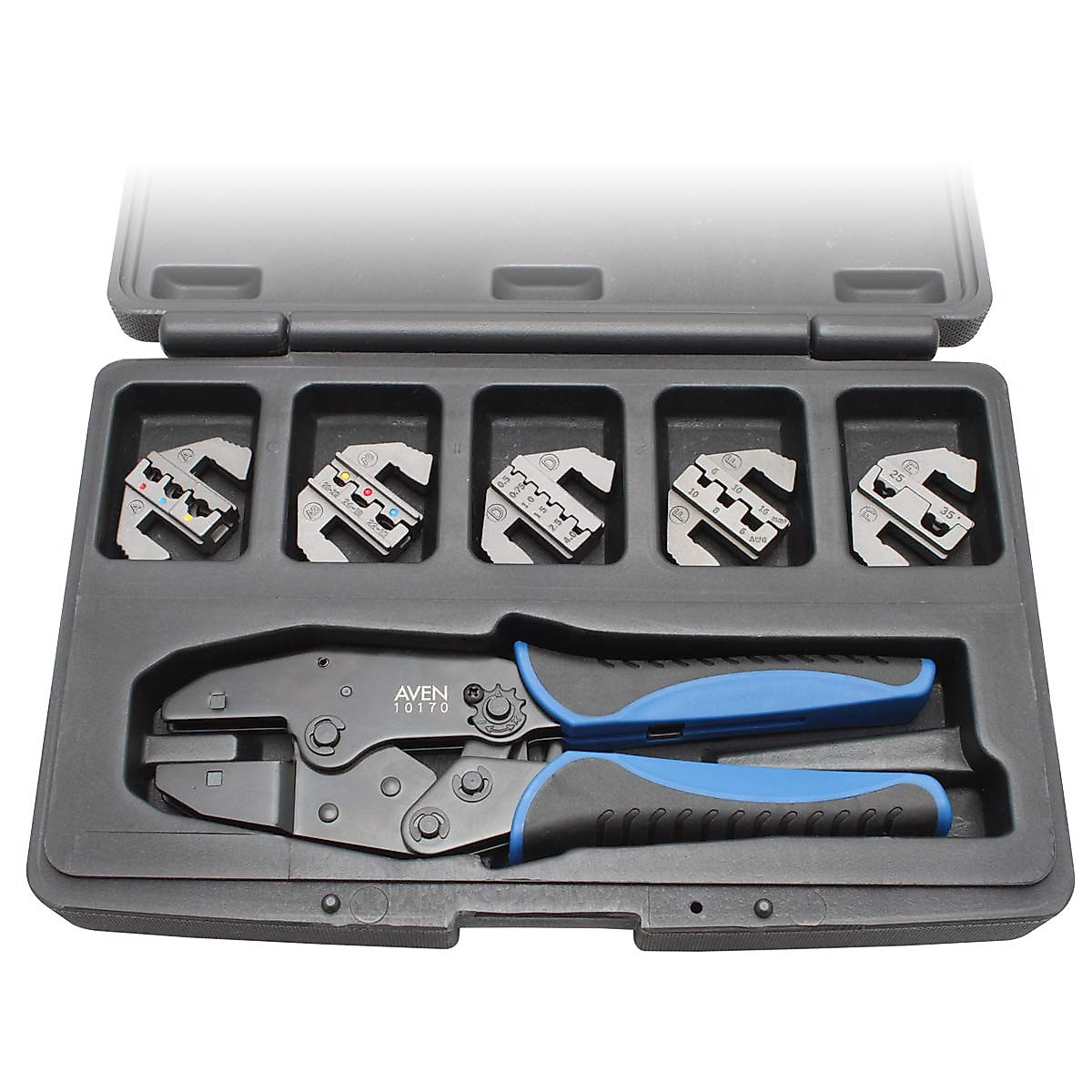 Crimping Tool Set 6 pc by Aven -Ratcheting Wire Crimper with Interchangeable Dies for Insulated and Non Insulated Terminals
